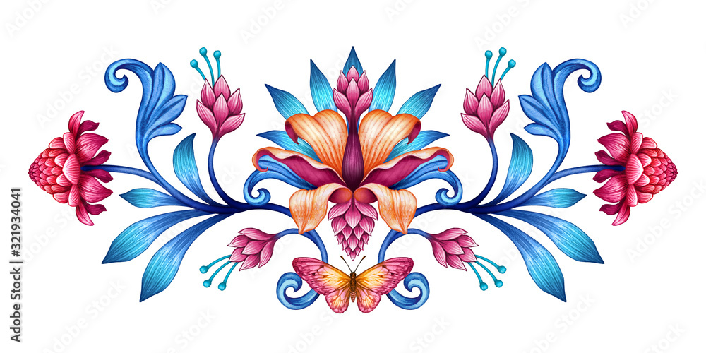 digital illustration, horizontal botanical pattern, red blue folklore ...