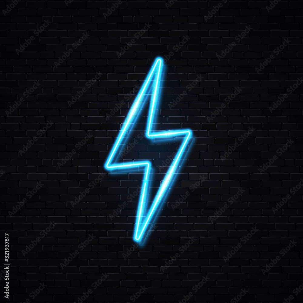 Realistic isolated neon sign of lightning bolt on black brick wall ...