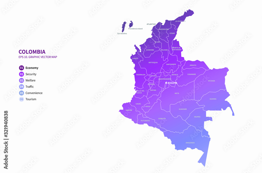 graphic vector map of colombia. colombia map of south america country ...