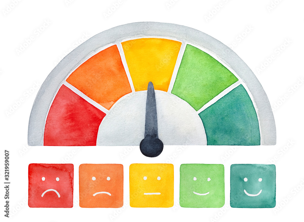 Colorful speed meter sign and five various facial expression emoticons ...