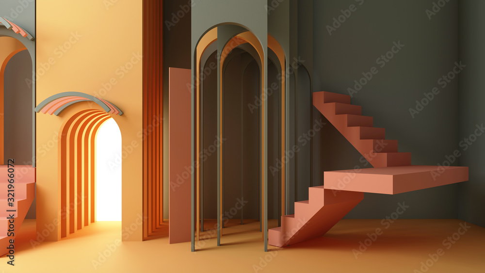 3d render illustration in modern geometric style Arch and stairs in ...
