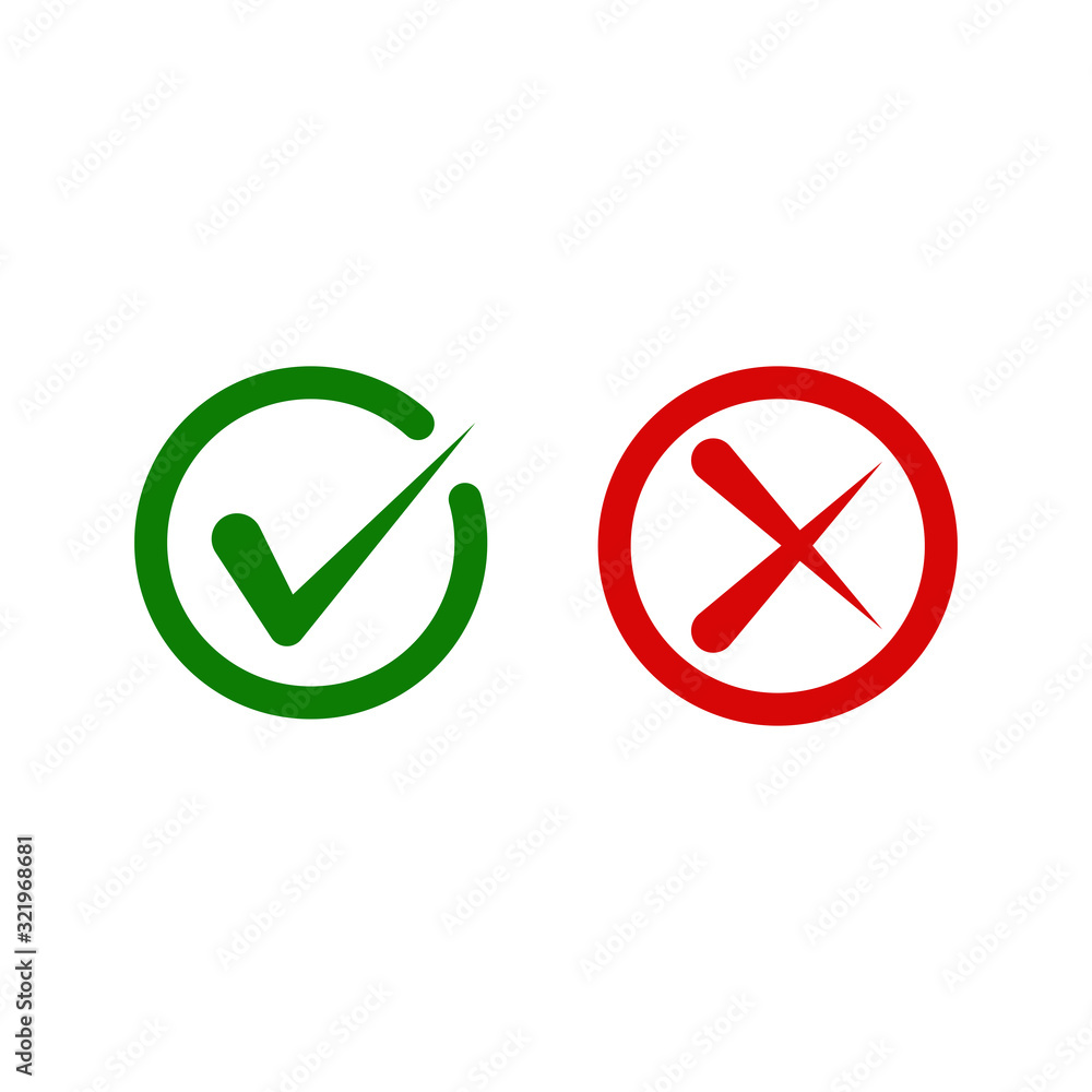 Tick and cross signs. Green checkmark OK and red X icons, isolated on ...