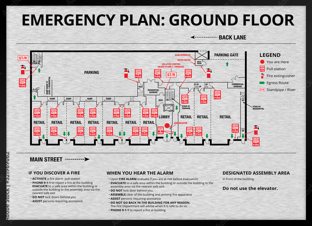 Emergency plan or egress plan. Brushed metal. Map of residential ...
