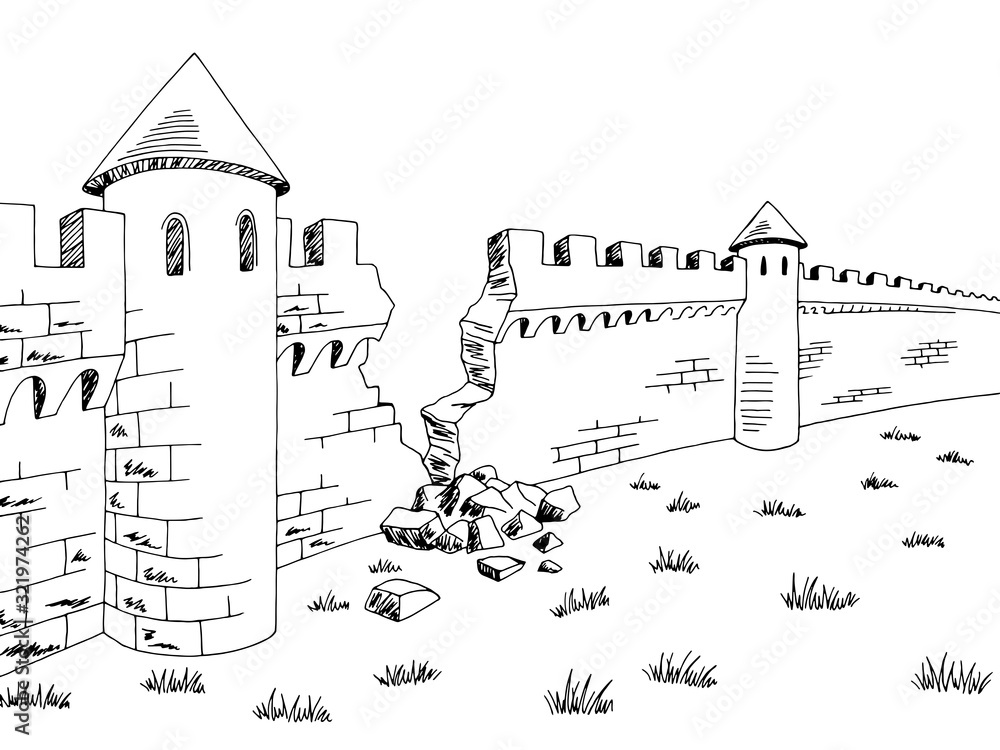 Broken wall medieval castle graphic black white sketch illustration ...