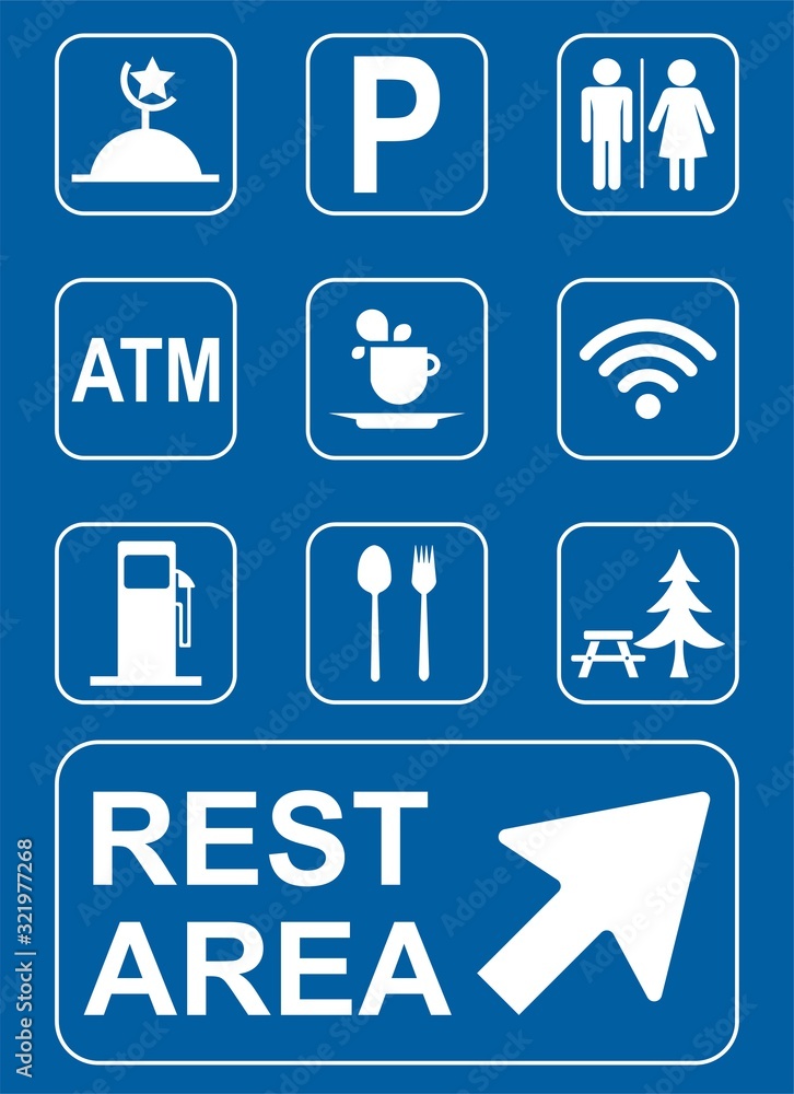 Set of Rest area sign vector illustration, Symbols for urban areas ...
