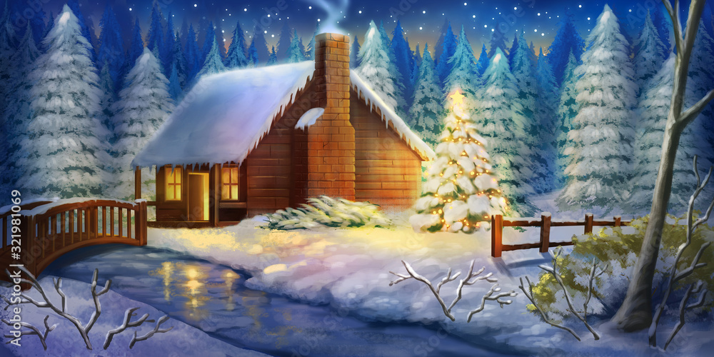 Christmas Night Winter Warm Cabin. Snow land. Fantasy Backdrop. Concept ...