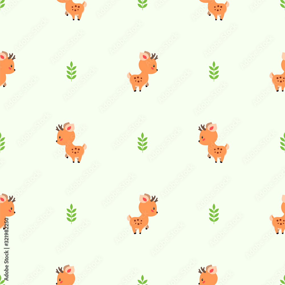 Cute forest background. Seamless pattern with little deer on light ...
