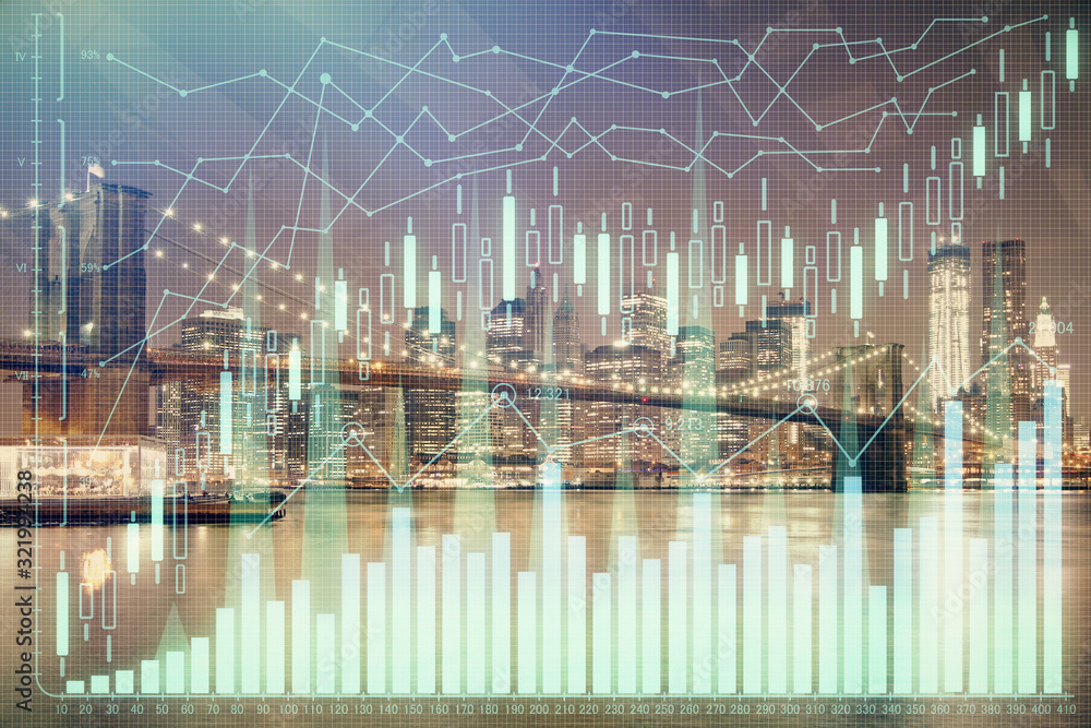 Financial chart on city scape with tall buildings background multi ...