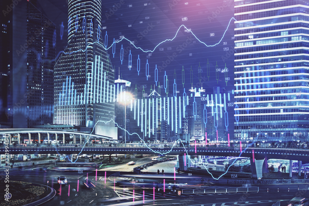 Financial chart on city scape with tall buildings background multi ...