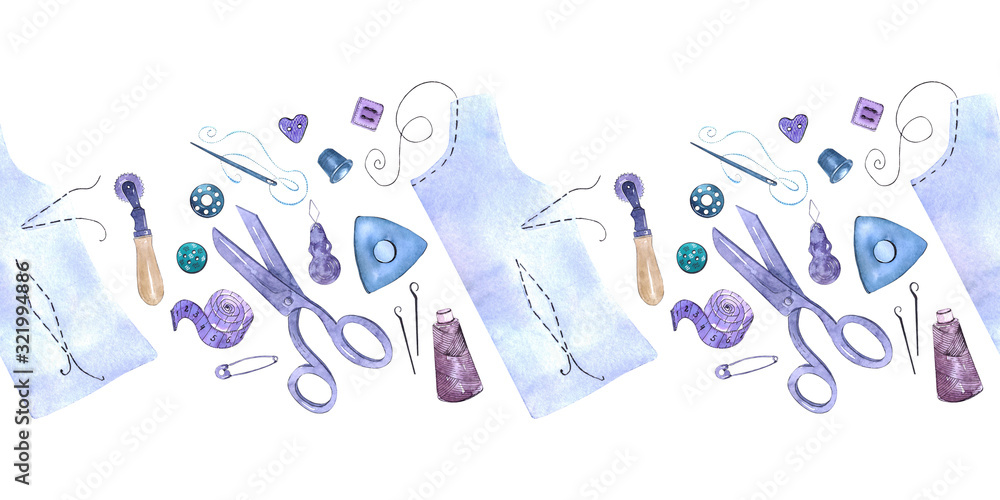 Watercolor border with sewing accessories and attributes. Parts and ...