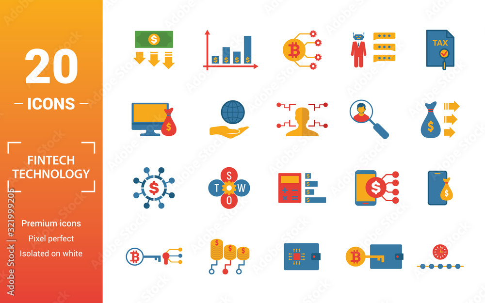 Fintech Technology icon set. Include creative elements basic income ...