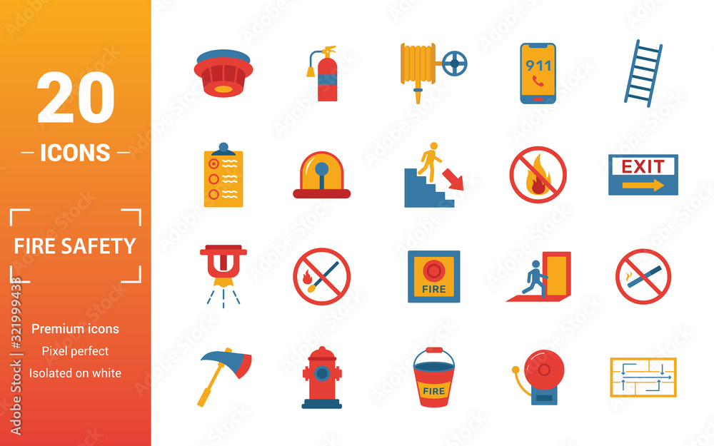 Fire Safety icon set. Include creative elements smoke detector, fire ...