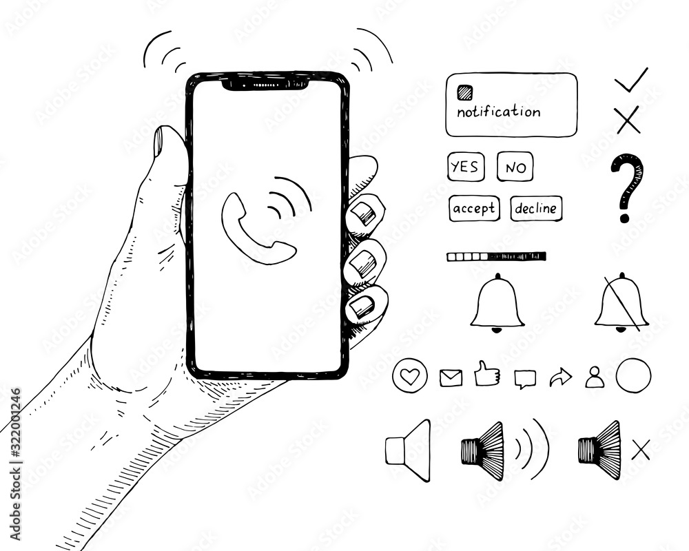 Hand drawn sketch of modern smartphone in hand with set of ...