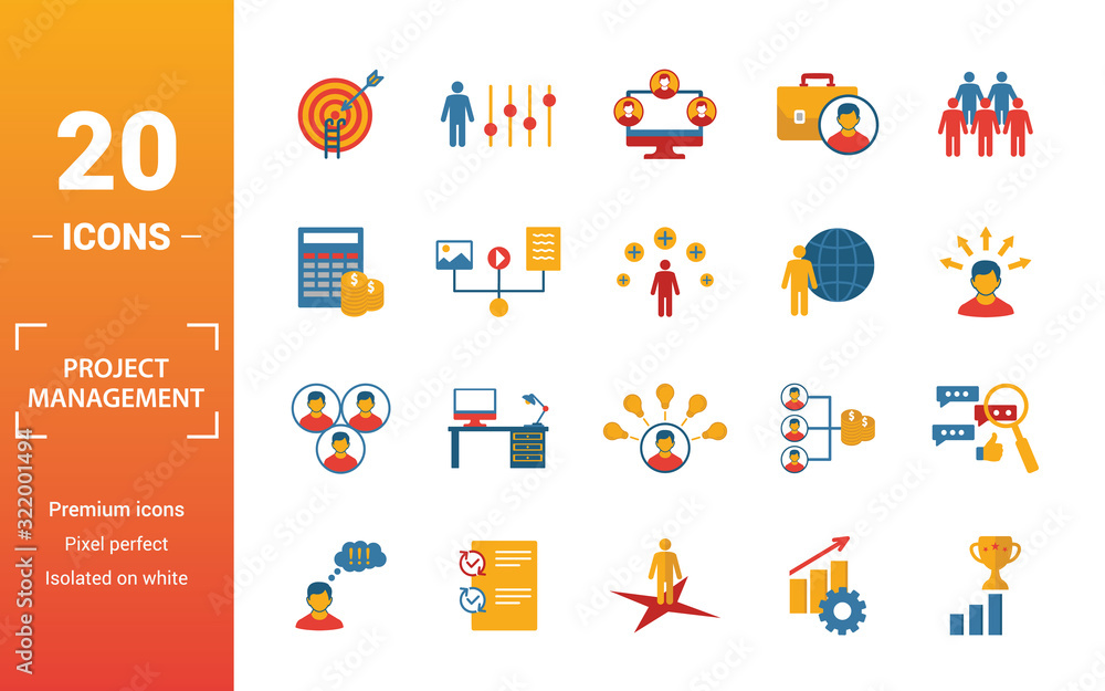 Project Management icon set. Include creative elements goal seeking ...