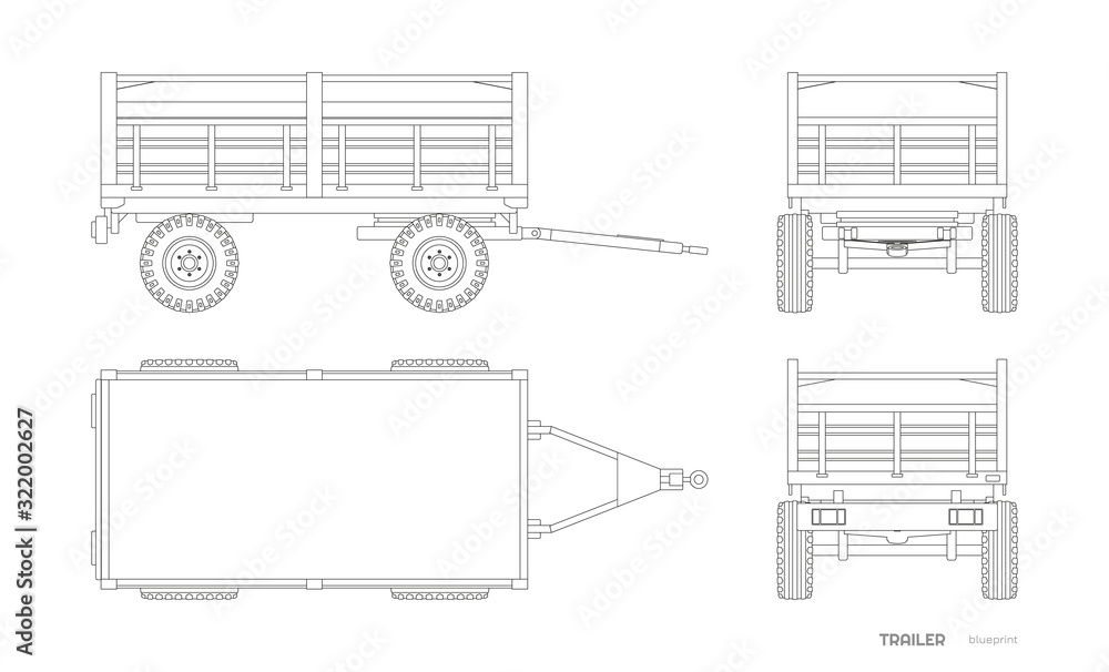 Isolated drawing of tractor trailer in outline style. Side, front and ...