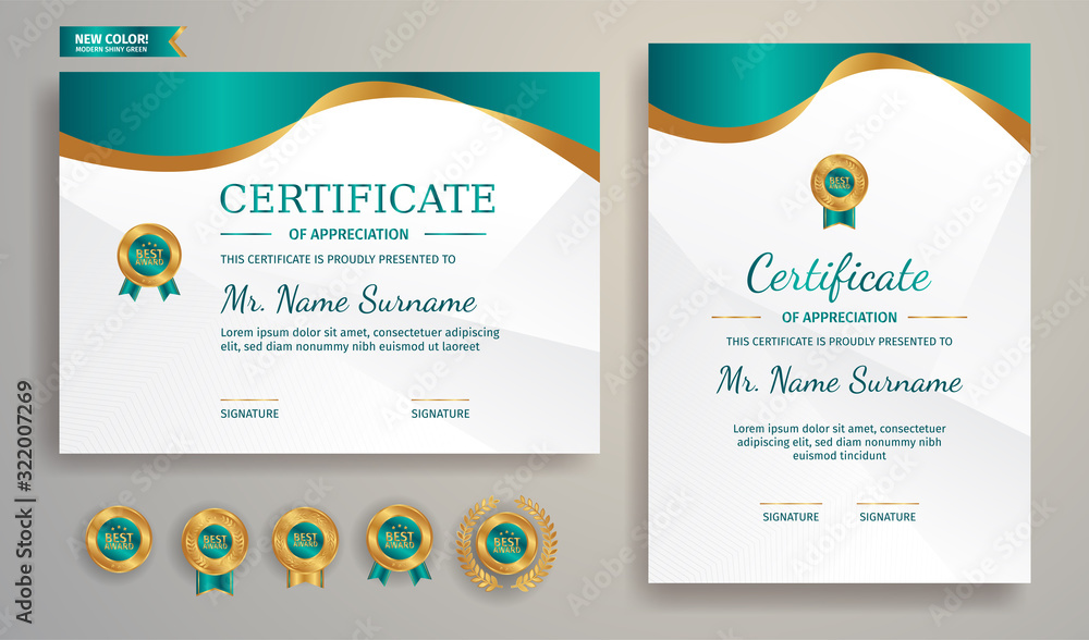 Gold and green certificate of appreciation template border with line pattern for business and ...