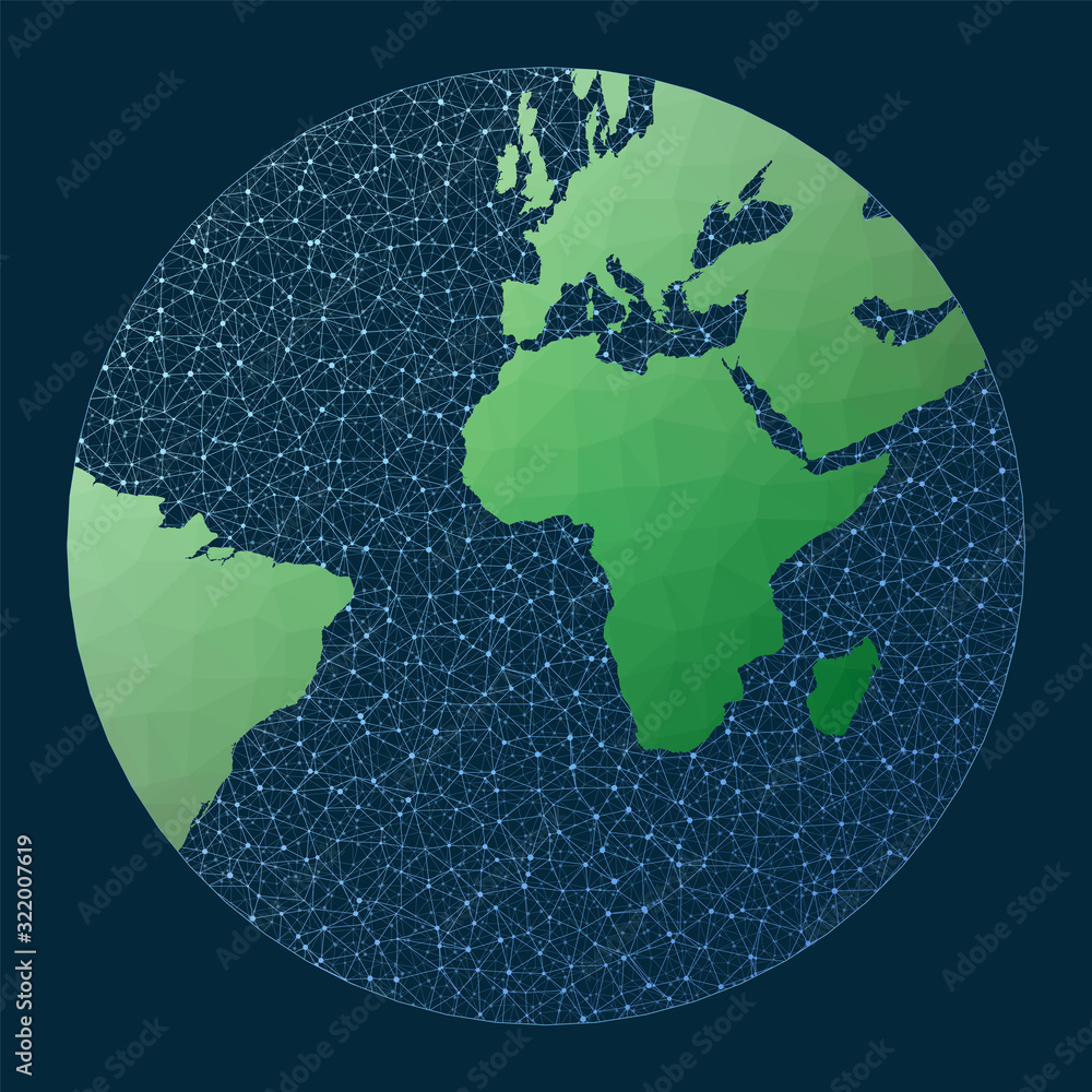Global network concept. Gnomonic projection. Green low poly world map ...