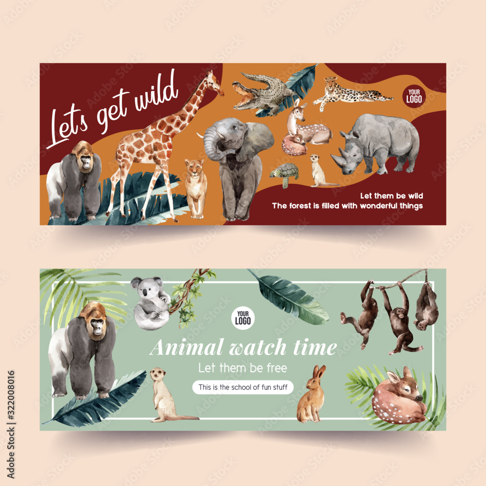 Zoo banner design with koala, elephant, tiger, lion watercolor ...
