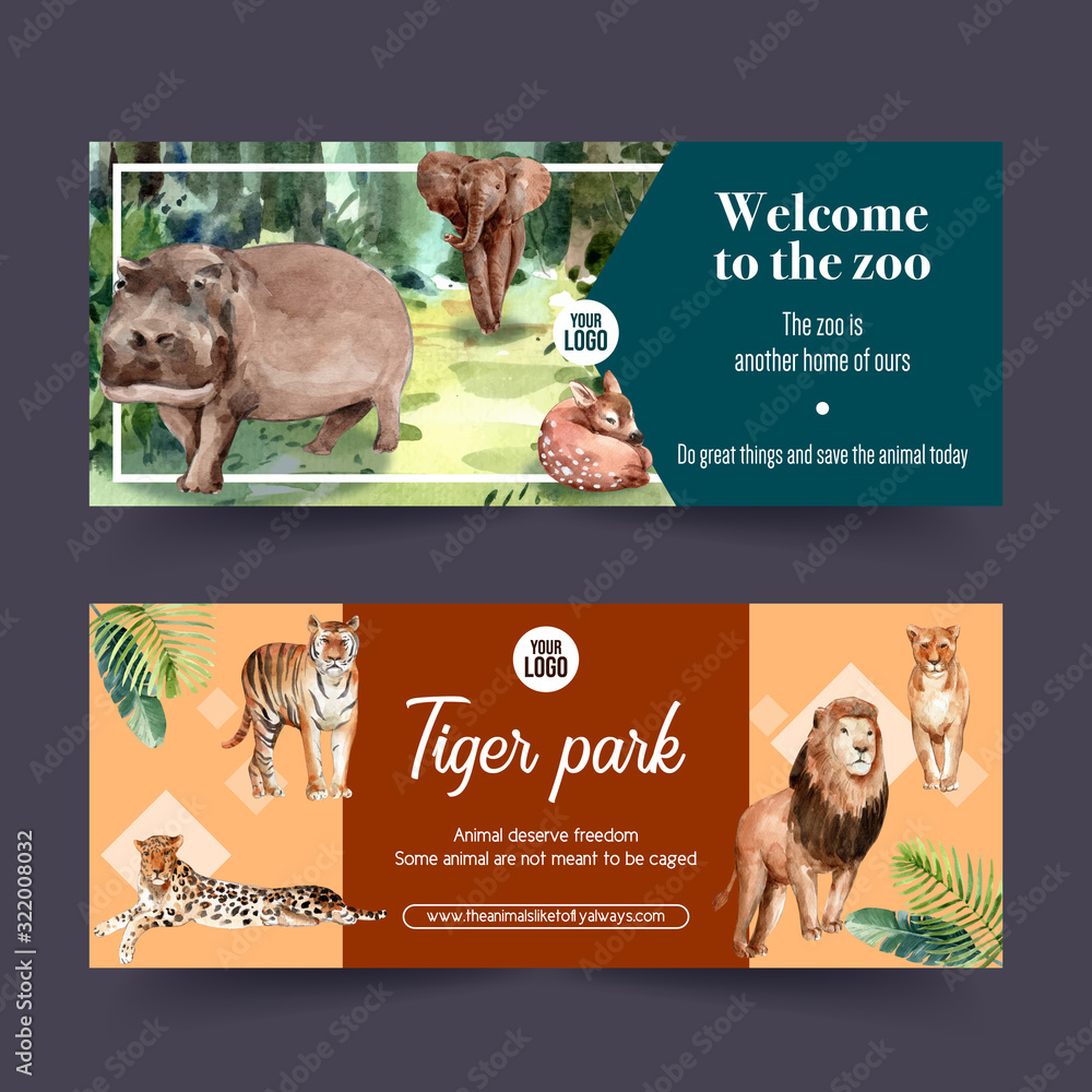 Zoo banner design with elephant, lion, tiger, rhino watercolor ...