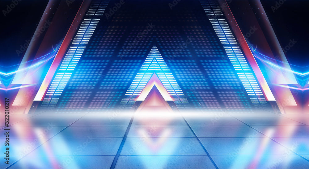 Abstract dark background empty stage, blue neon light, rays of ...