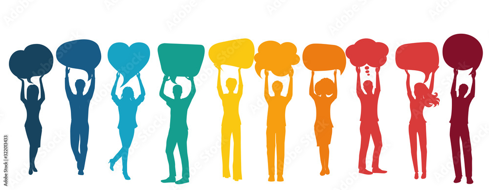 Silhouette group of volunteer people with arms raised holding speech ...