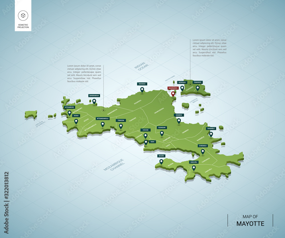 Stylized map of Mayotte. Isometric 3D green map with cities, borders ...