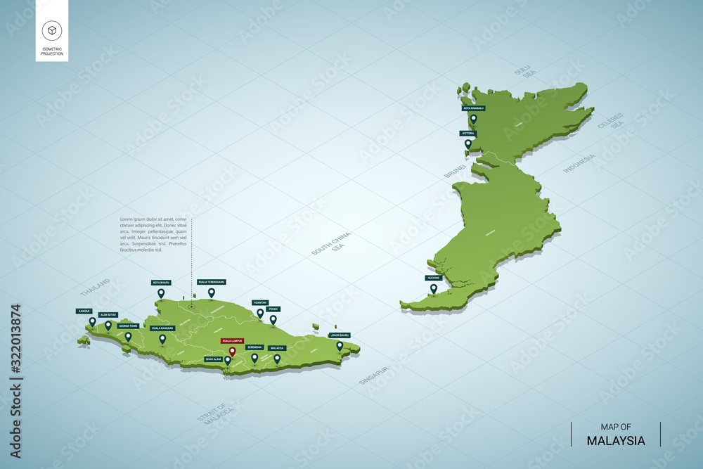 Stylized map of Malaysia. Isometric 3D green map with cities, borders ...