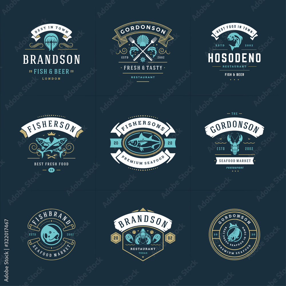 Seafood logos or signs set vector illustration fish market and ...