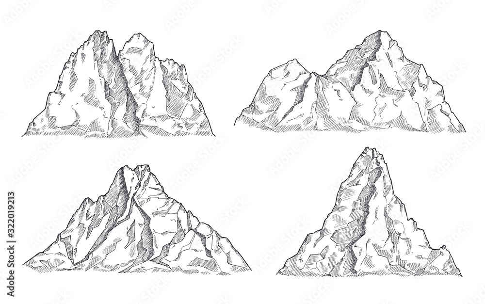 Mountains sketch. Art drawing mountain, engraved panorama silhouette ...