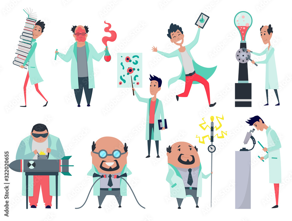 Set of male scientists characters in laboratory. Doctor research in a ...
