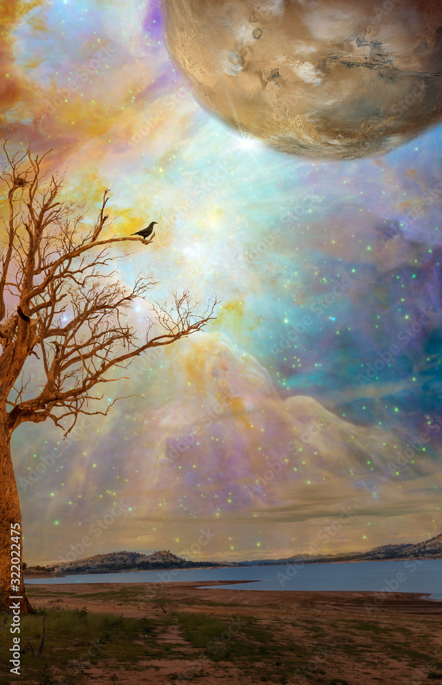 Alien planet fantasy landscape for book cover. Tree near lake with ...