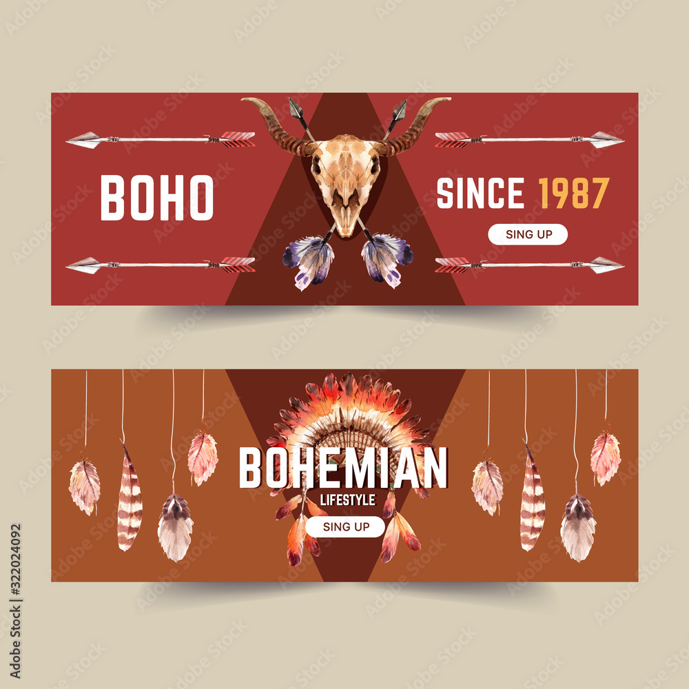 Bohemian banner design with cow skull, feather headdress watercolor ...