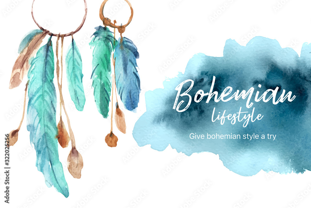 Bohemian frame design with feather watercolor illustration. Stock ...