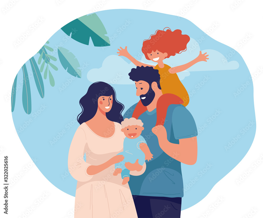 Beautiful family with two children on a natural background. Happy mom ...