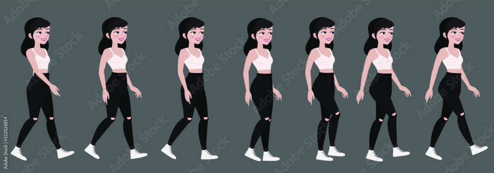Gait beautiful student girl in trendy clothes. Teenager or fan in black ...