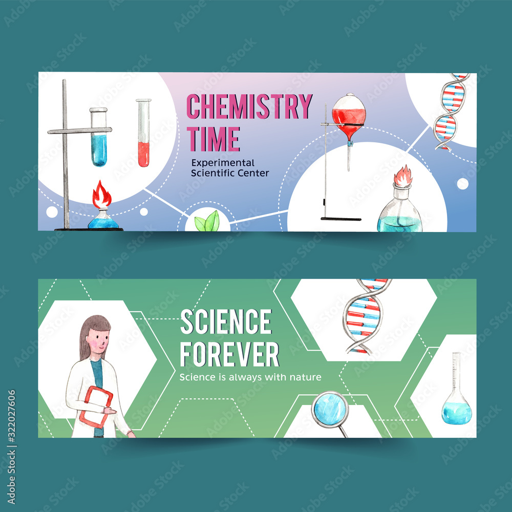 Science banner design with test tube, woman, magnifying glass ...