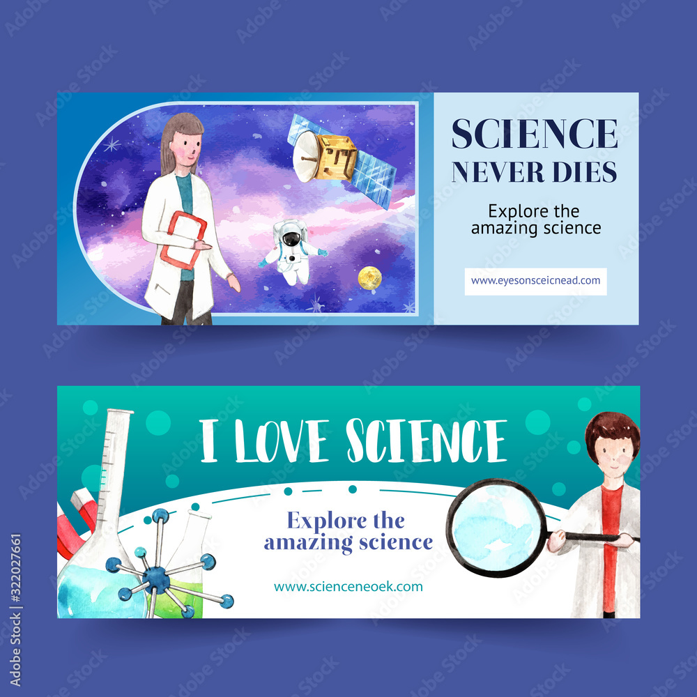 Science banner design with satellite, magnifying glass watercolor ...
