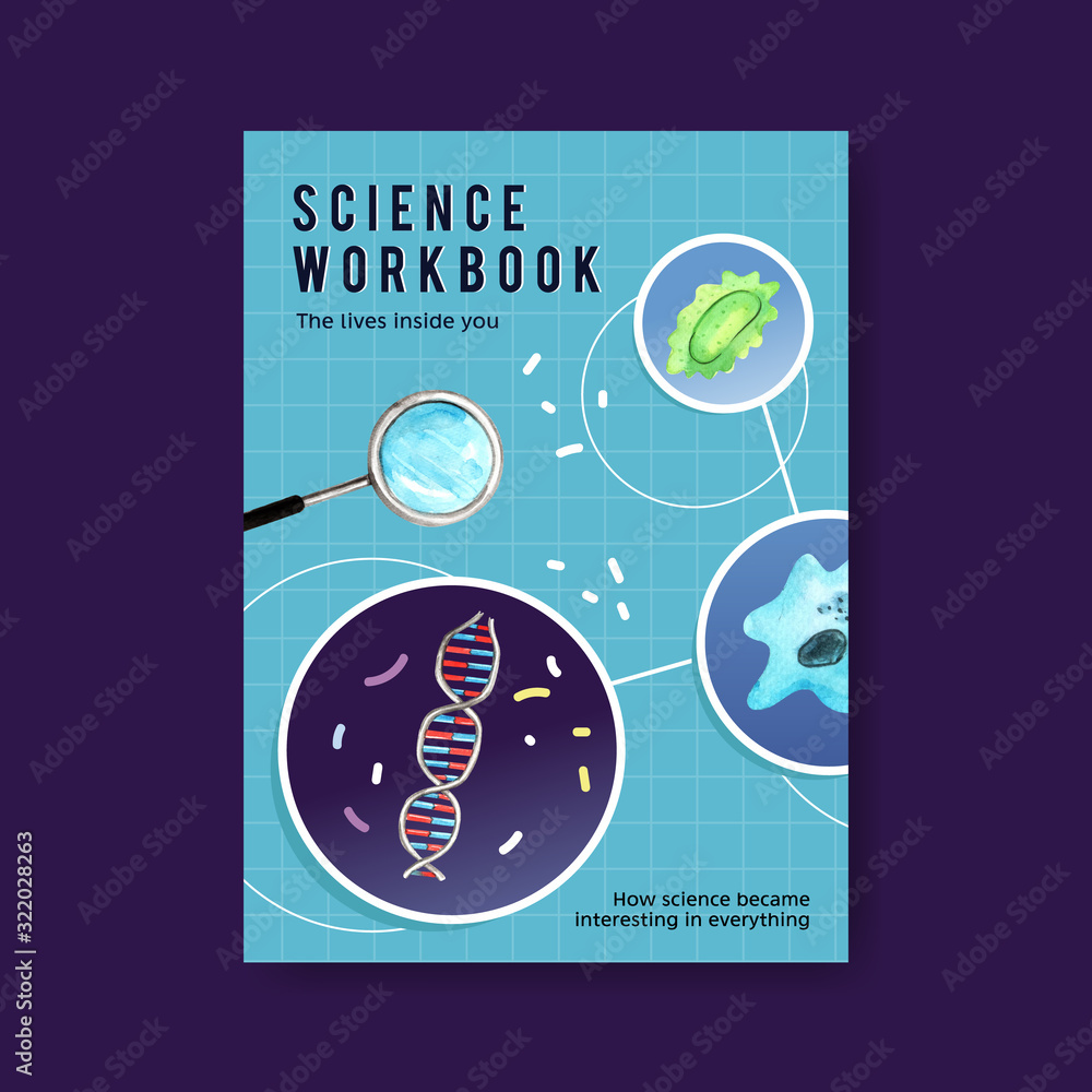 Science cover book design with magnifying glass, cell watercolor ...
