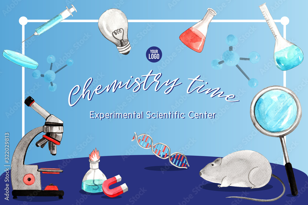 Science frame design with microscope, syringe, glass flask watercolor ...