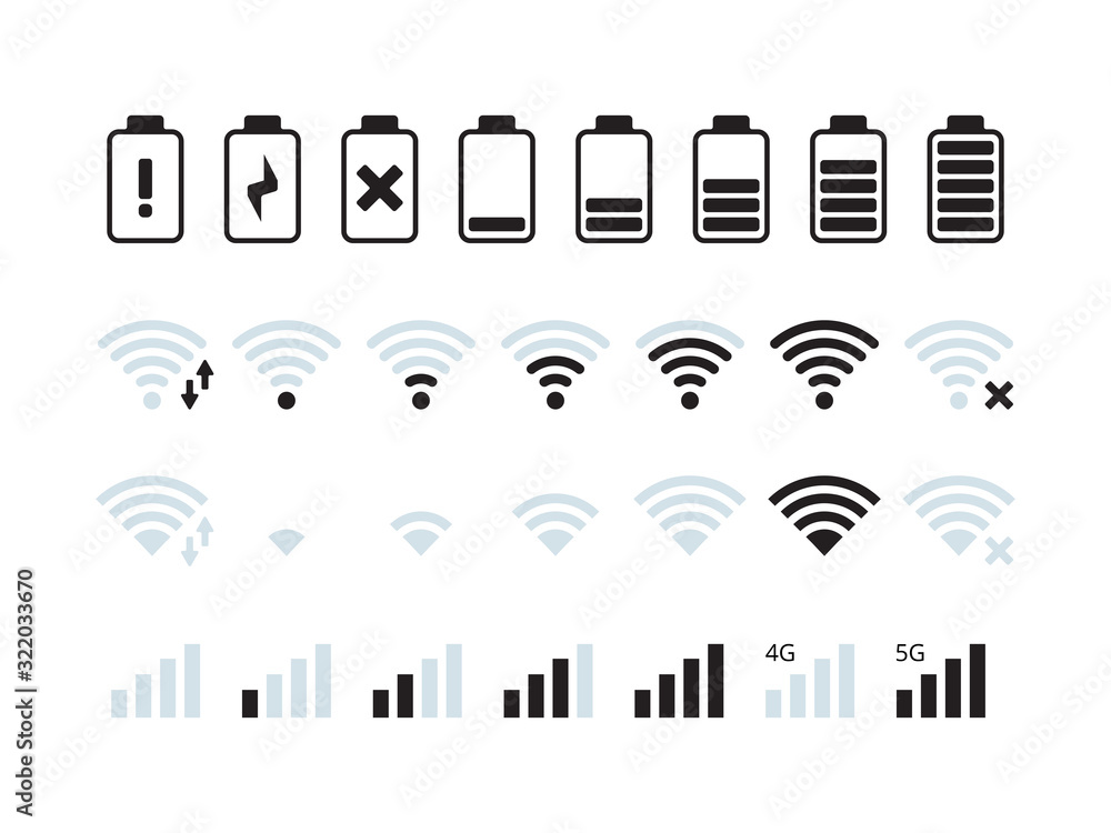 Phone interface bar. Mobile network wifi 5g signal battery status ...