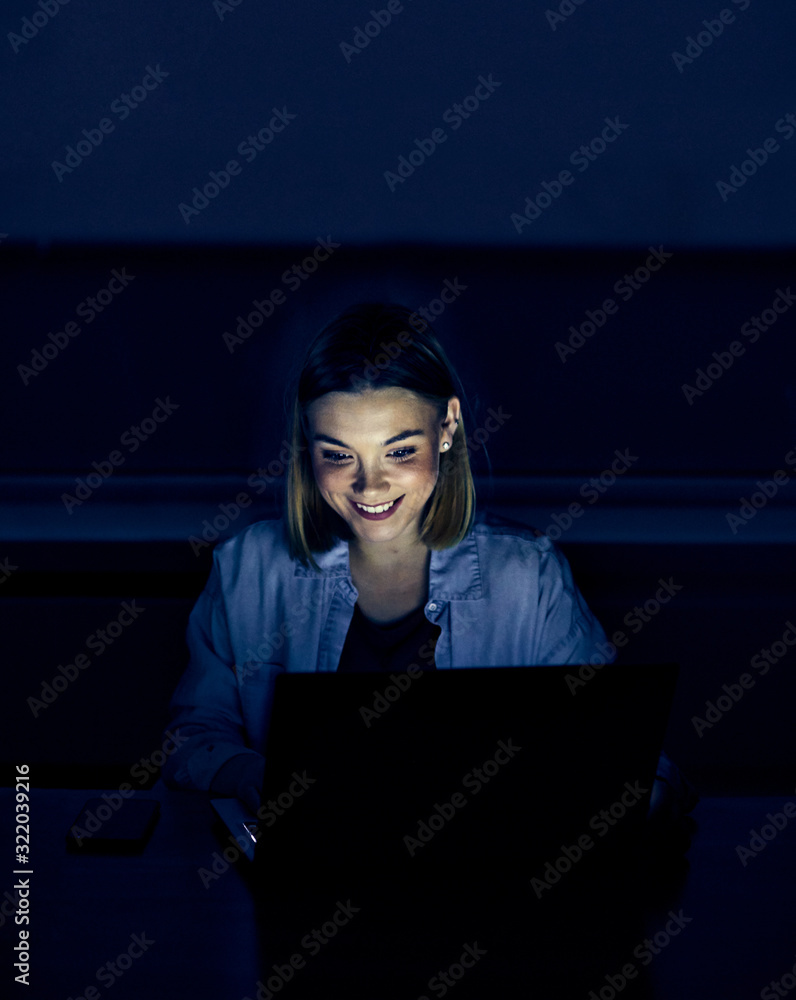 Laptop Computer, Night Dark Looking Office Late Working Ciber Space ...