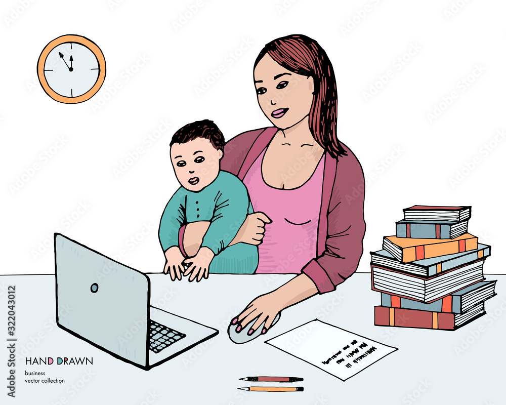 Hand drawn sketch of young mom working on laptop holding her baby boy ...