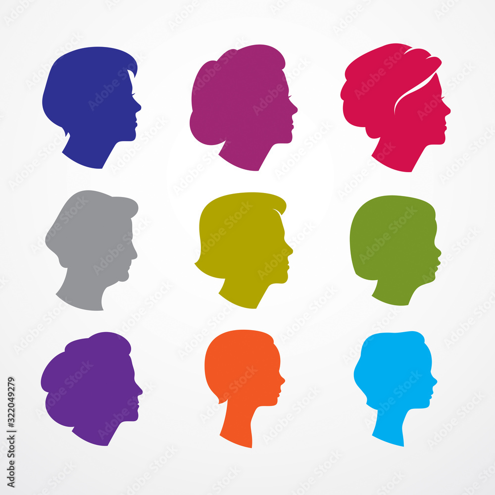 Woman face profiles of different age categories, growing to adult from ...