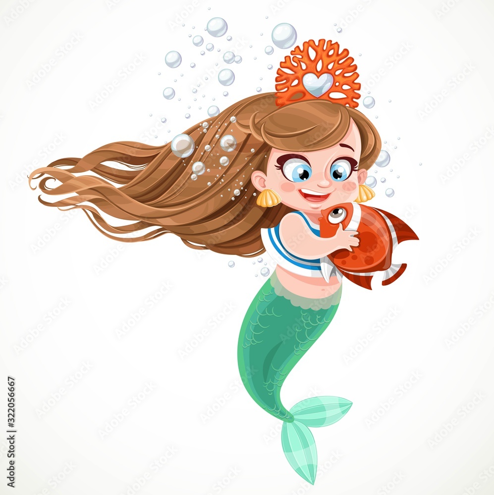 Cute little mermaid girl in coral tiara speaks with fish isolated on ...