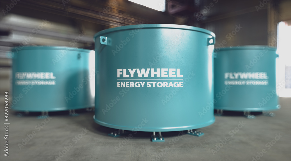 Flywheel energy storage system situated in factory environment. 3d ...