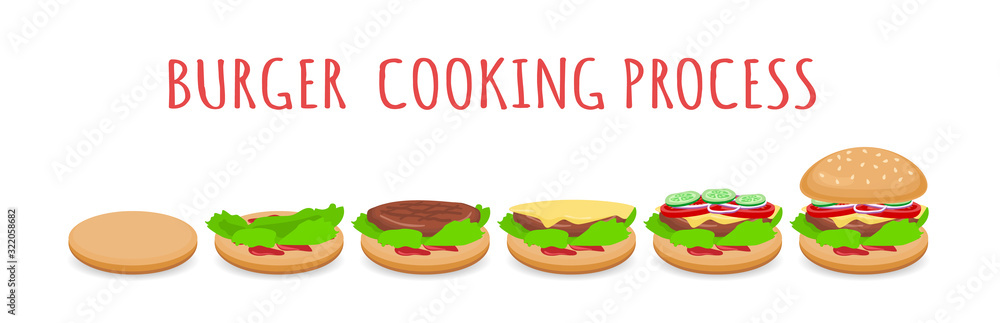 stages of cooking burger process .making fast food vector illustration ...
