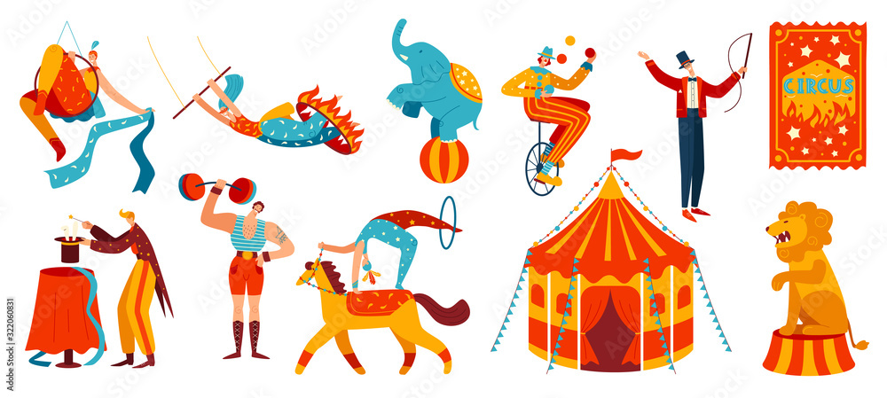 Circus performance, acrobats and trained animals, vector illustration ...