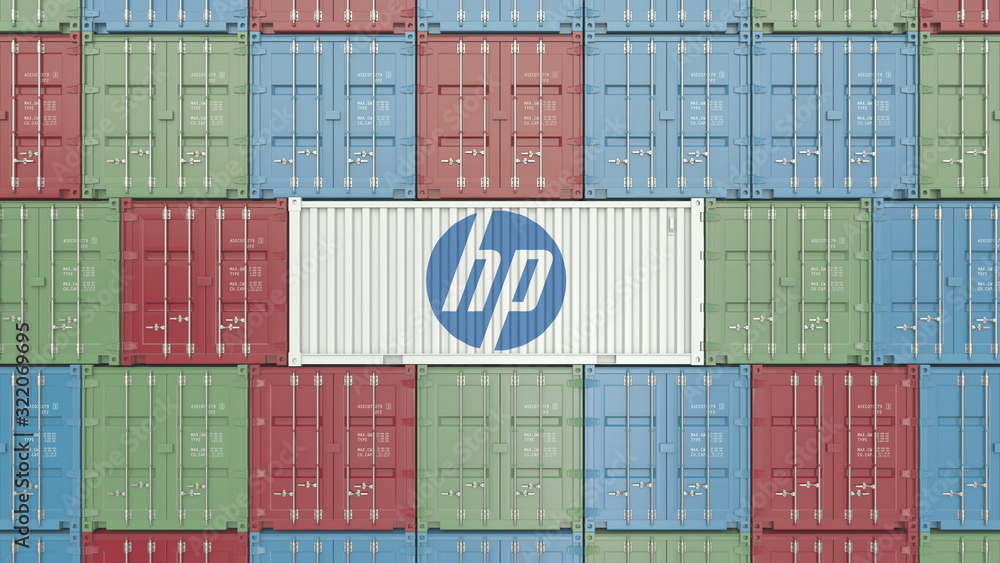 Container with HP corporate logo. Editorial 3D rendering ilustração do ...