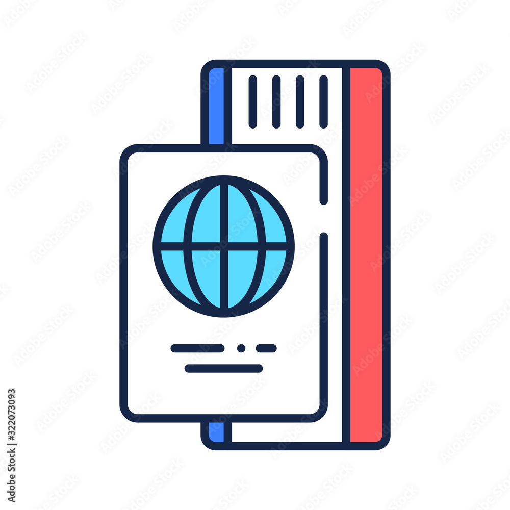 Passport with ticket color line icon. Travel document with a boarding ...