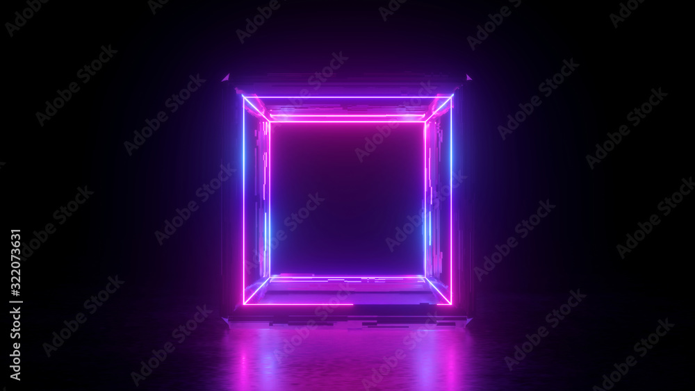 3d render, abstract neon background, square shape box, blank frame ...